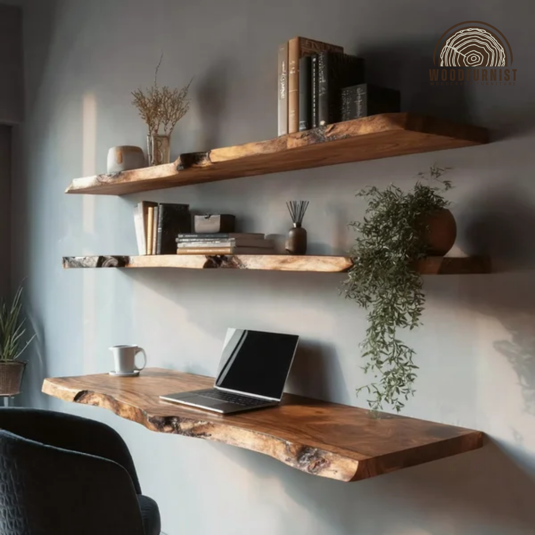 Live Edge Floating Desk – Solid Wood Wall-Mounted Workspace for Home O ...