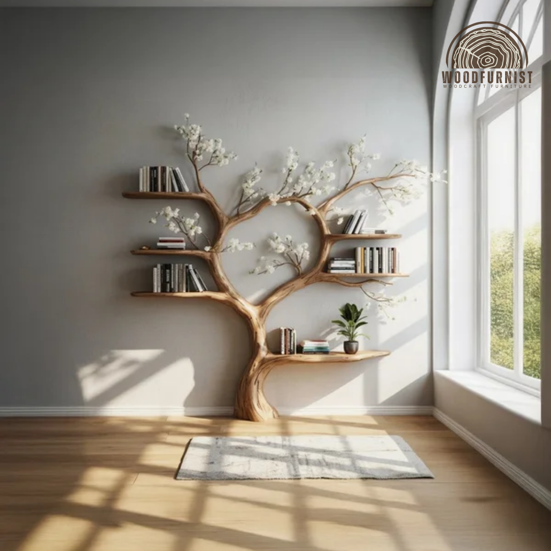 Standing Tree Bookshelf – Handmade Wooden Tree Bookcase with Blossom B ...