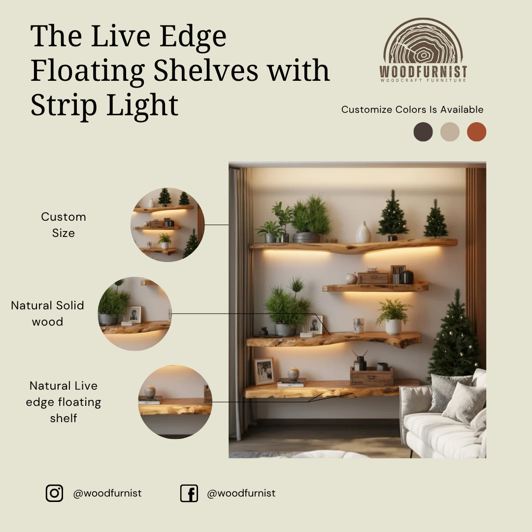 Live Edge Floating Wooden Shelf with LED – Solid Wood Wall Mounted Dis ...