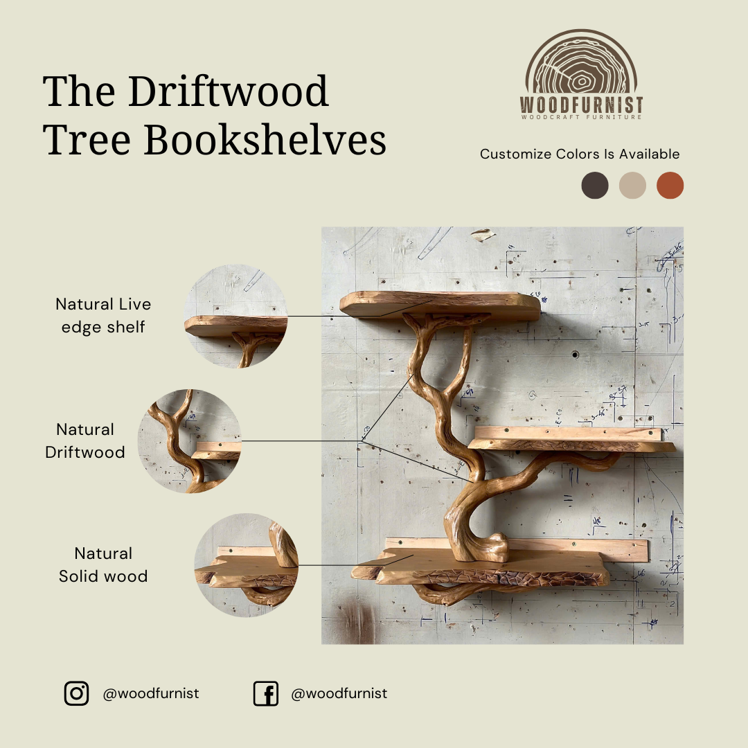 Driftwood Tree Bookshelf – Natural Branch Wall Shelf, Live Edge Wooden ...