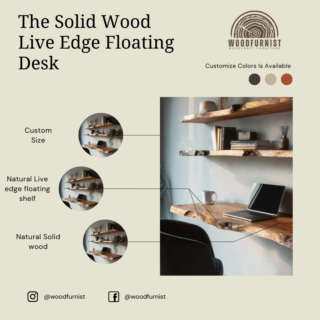 Live Edge Floating Desk – Solid Wood Wall-Mounted Workspace for Home O ...